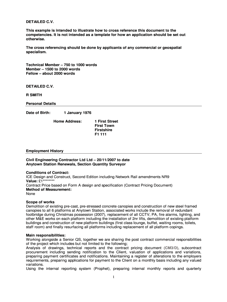 Fillable Online 1 an example of the layout for a detailed cv for a ...