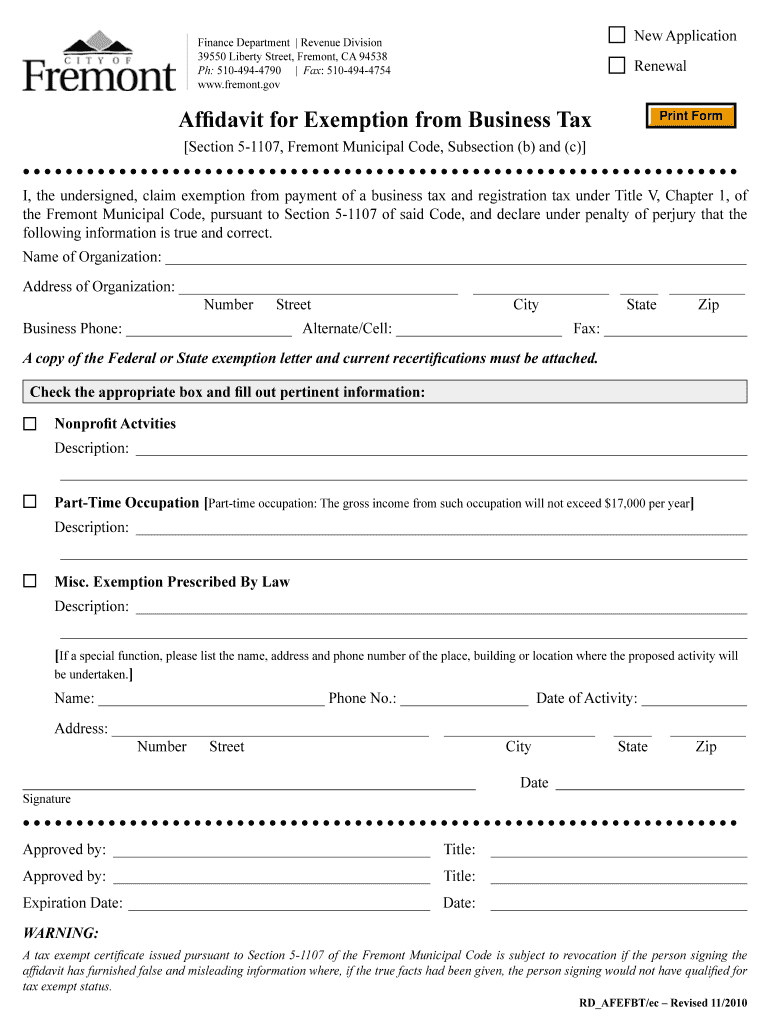 Fillable Online Affidavit for Exemption from Business Tax - City of ...