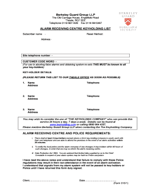 Fillable Online Keyholder List .PDF - Berkeley Guard Group Fax Email ...