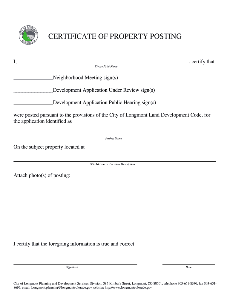 Fillable Online CERTIFICATE OF PROPERTY POSTING Fax Email Print - pdfFiller