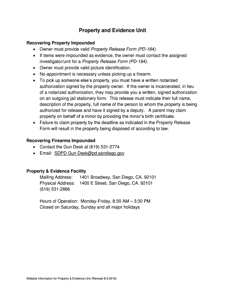 Fillable Online sandiego Property and Evidence Unit - sandiego Fax ...