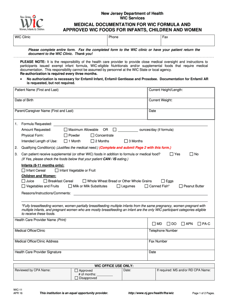 Fillable Online medical documentation for wic formula and approved wic ...