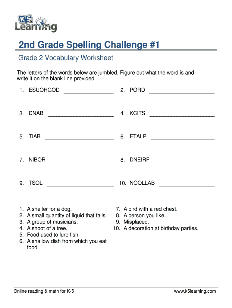 Fillable Online Vocabulary 2nd grade spelling words - printable second ...