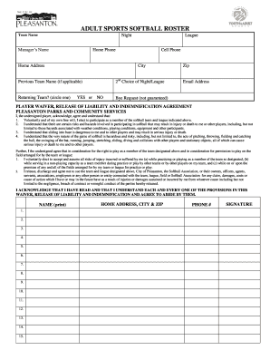 Fillable Online ADULT SPORTS SOFTBALL ROSTER - Pleasanton Fax Email ...