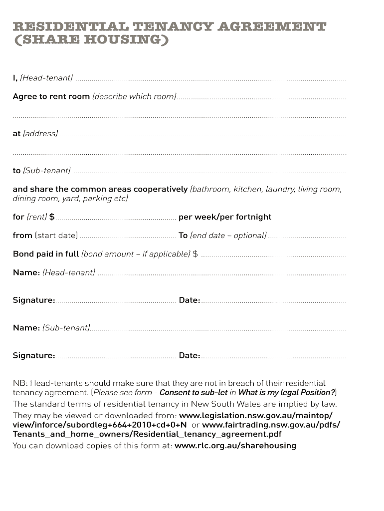 Fillable Online residential tenancy agreement (share housing ...