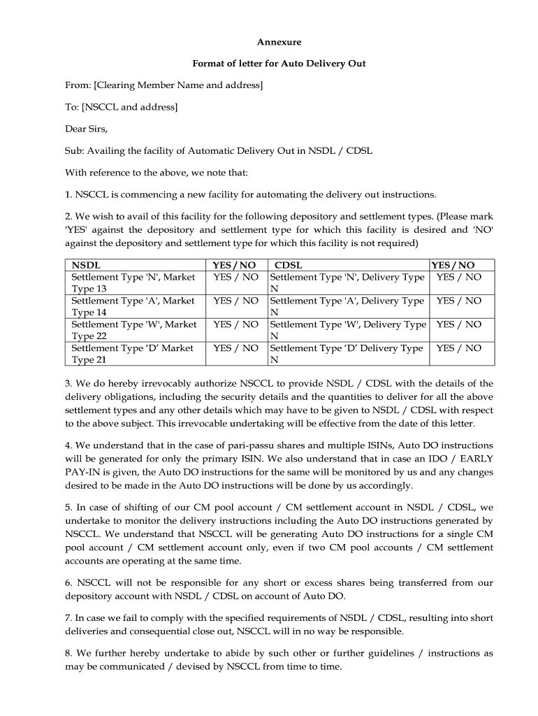 Fillable Online Annexure Format of letter for Auto Delivery Out From ...