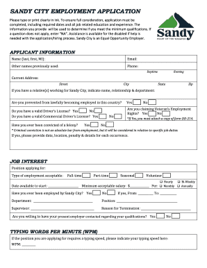 Fillable Online Fillable SANDY CITY EMPLOYMENT APPLICATION Fax Email ...