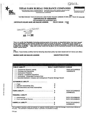 Fillable Online TX Farm Bureau Certificate of Insurance Fax Email Print ...