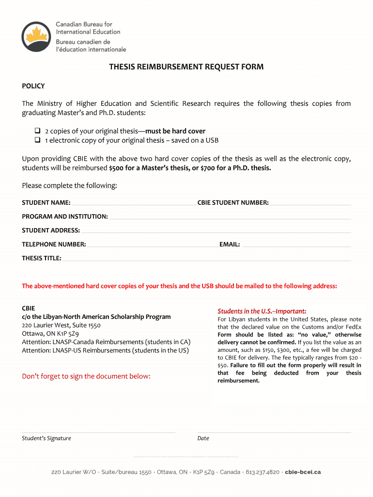 Fillable Online thesis reimbursement request form - CBIE Fax Email Print - pdfFiller