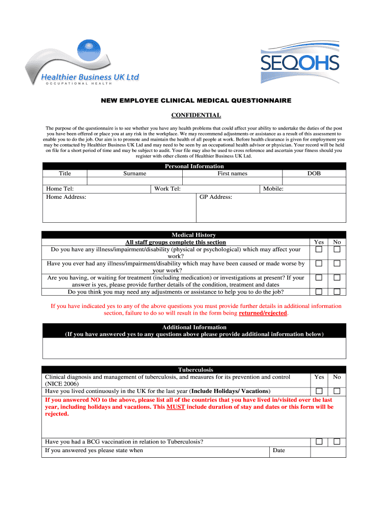 Fillable Online New employee questionnaire Clinical Staff.doc Fax Email ...