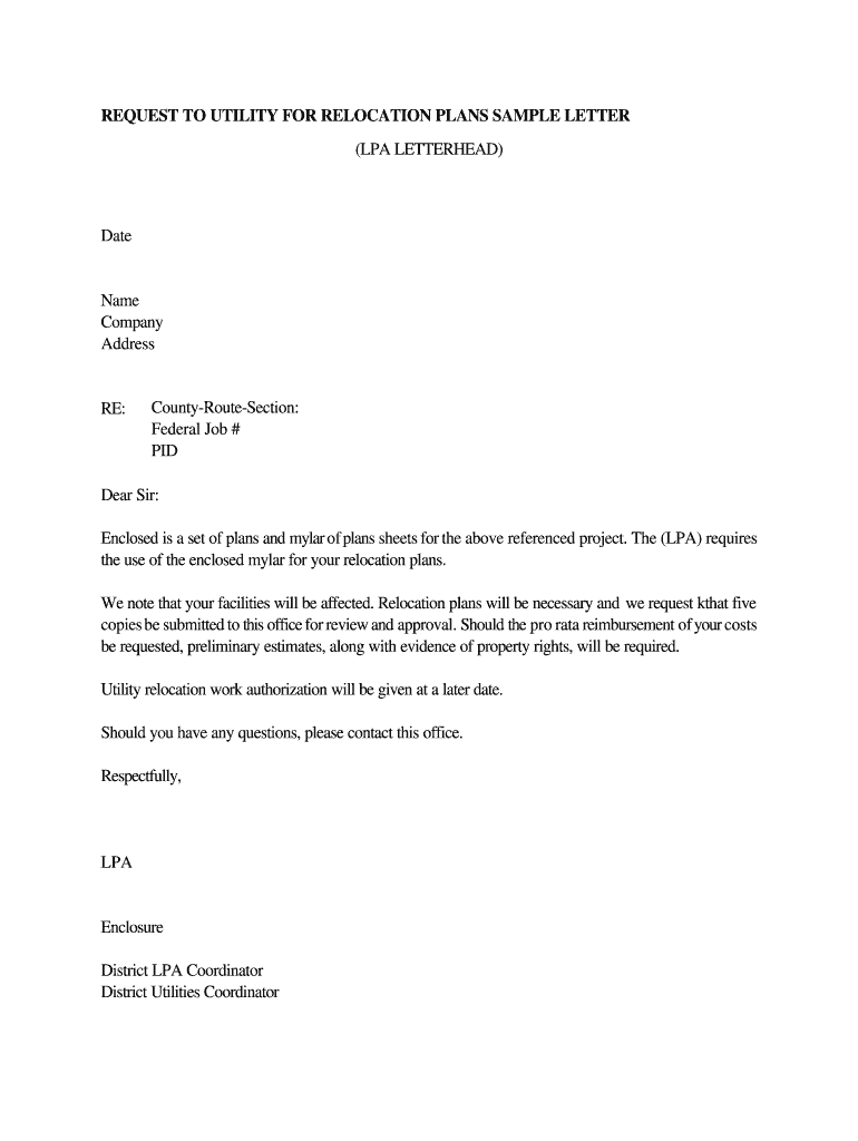 Fillable Online RE TO UTILITY FOR RELOCATION PLANS SAMPLE LETTER 