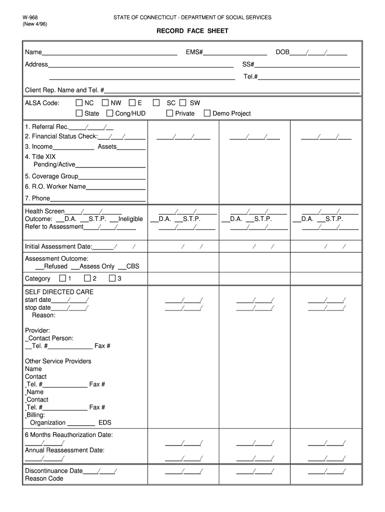 Fillable Online RECORD FACE SHEET Name EMS# DOB Address SS# Tel ... Fax ...