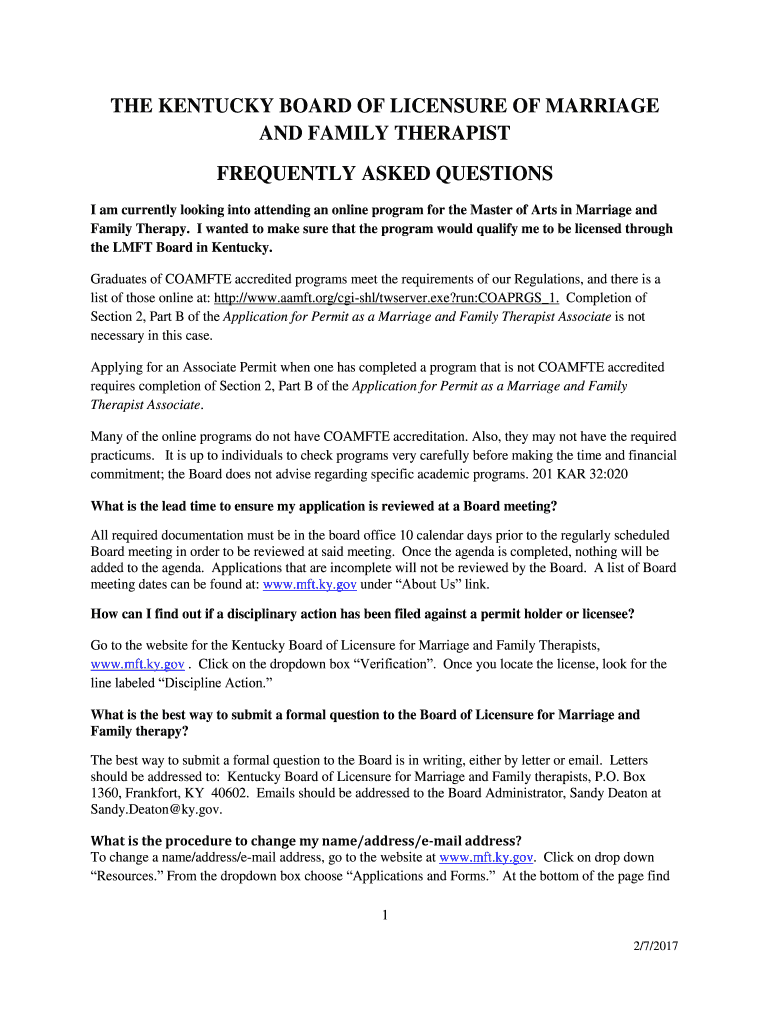 Fillable Online THE KENTUCKY BOARD OF LICENSURE OF MARRIAGE Fax Email ...