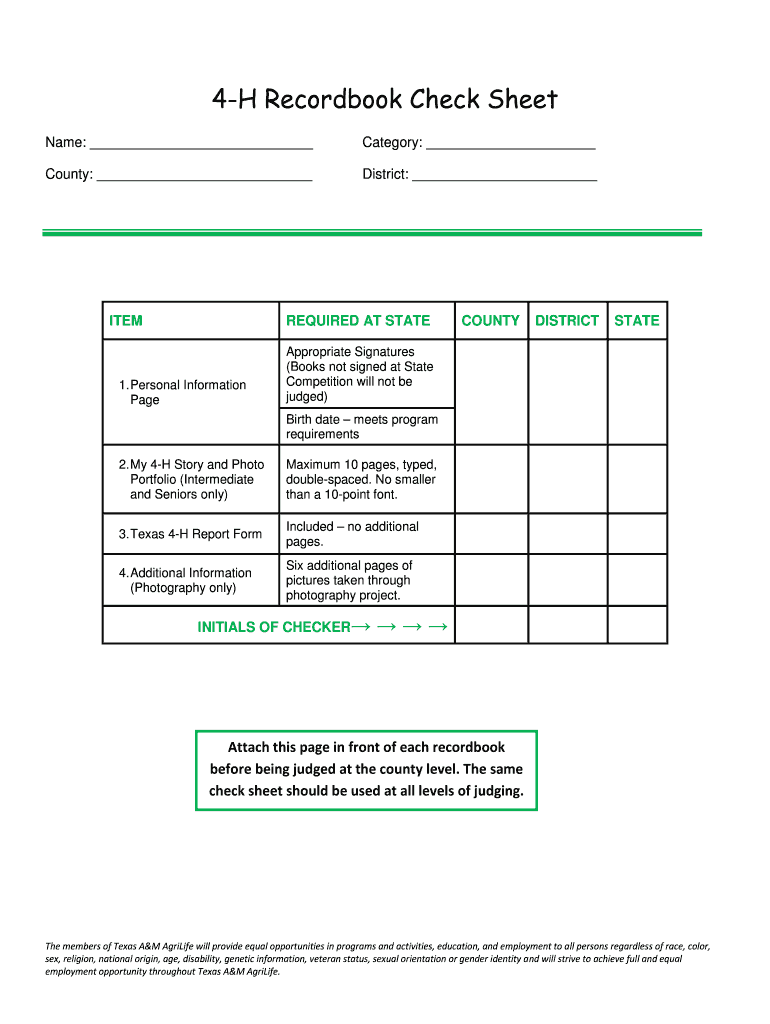 Fillable Online Record Book Check Sheet - Texas 4-H Fax Email Print ...