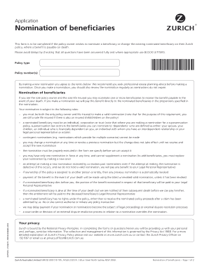 Fillable Online Nomination of beneficiaries - Zurich Australia Fax ...