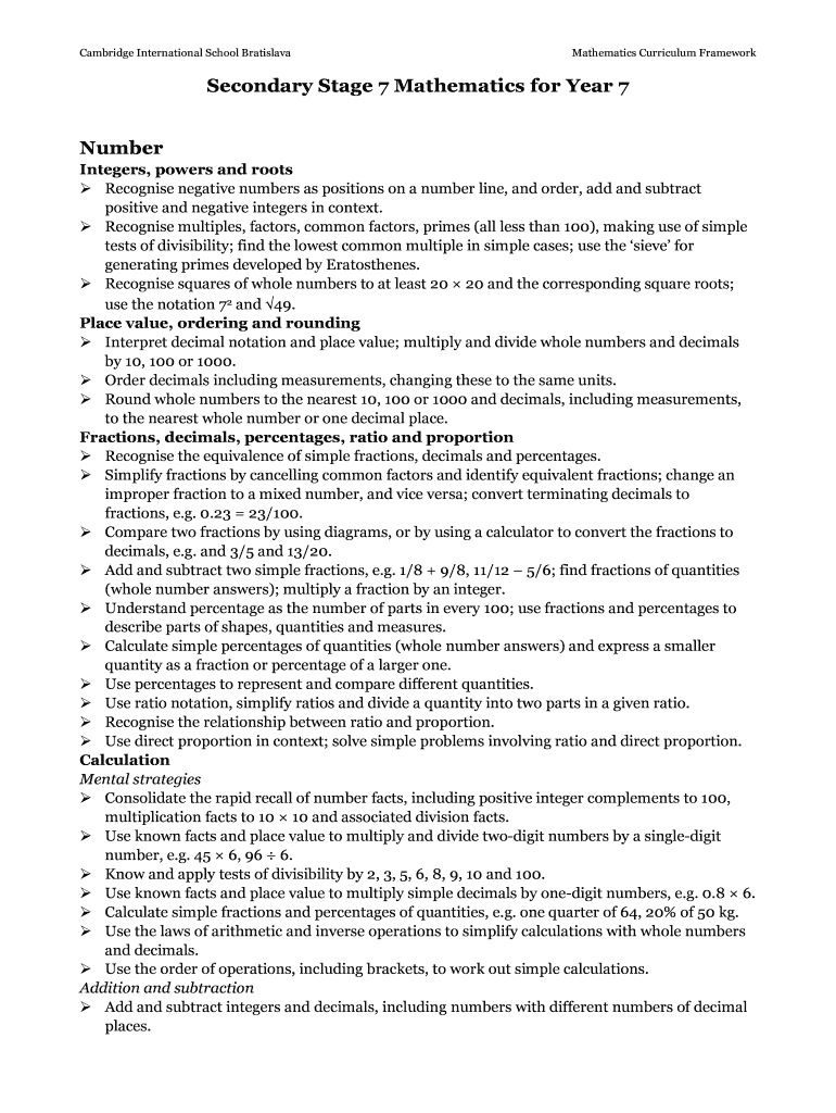 Fillable Online Stage 7 Maths Curriculum Framework - the Cambridge ...