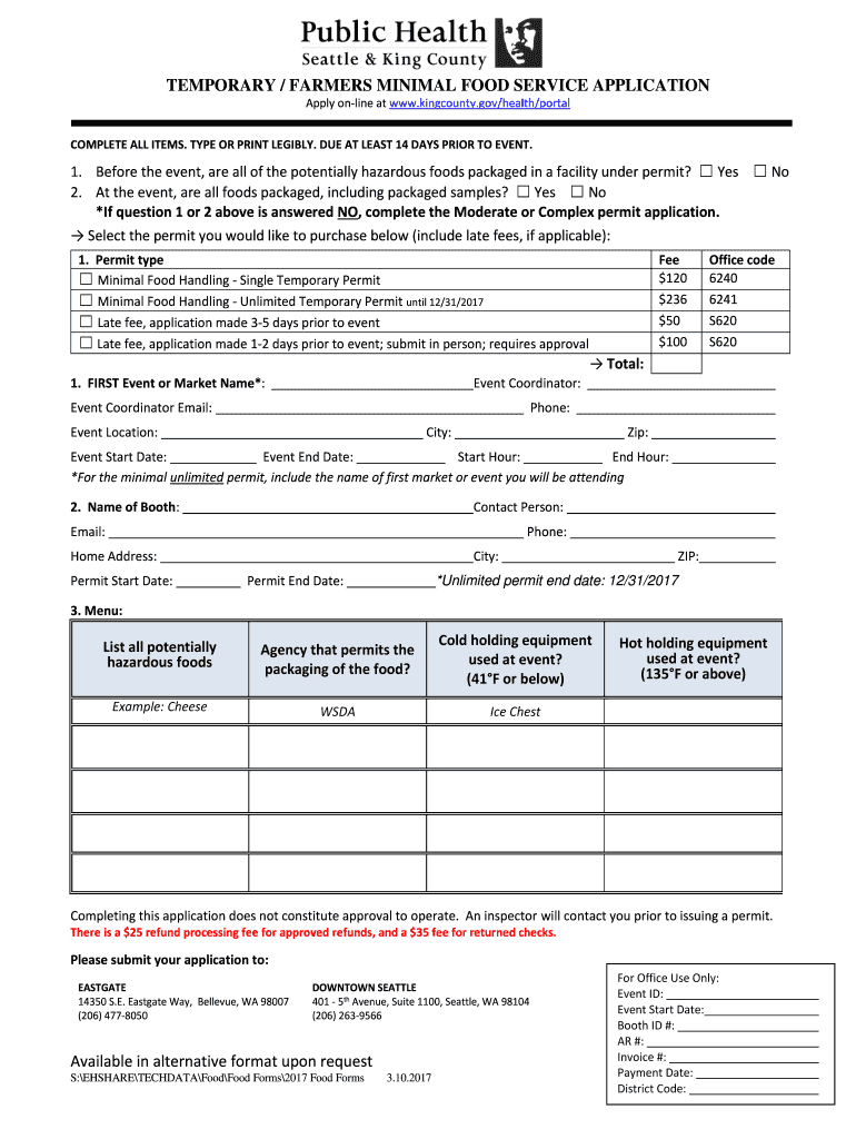 Fillable Online Temporary Minimal Food Service Application - King ...