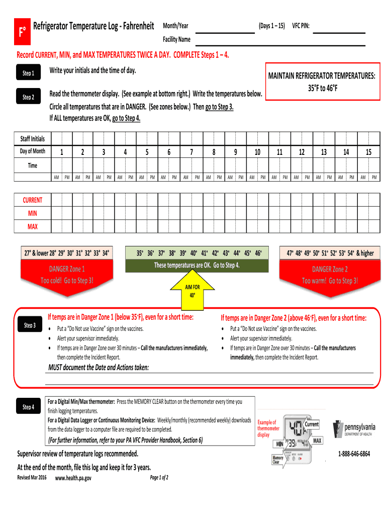Fillable Online Refrigerator Temperature Log - Fahrenheit Month/Year ...