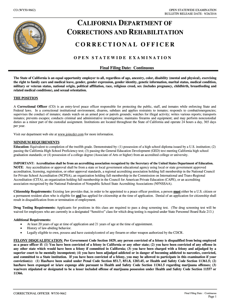 Fillable Online Correctional Officer - California Department of ...