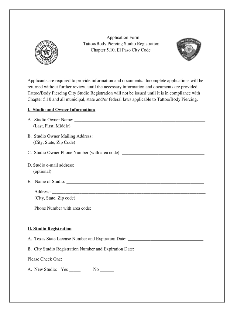 Fillable Online Application Form Tattoo/Body Piercing Studio ...