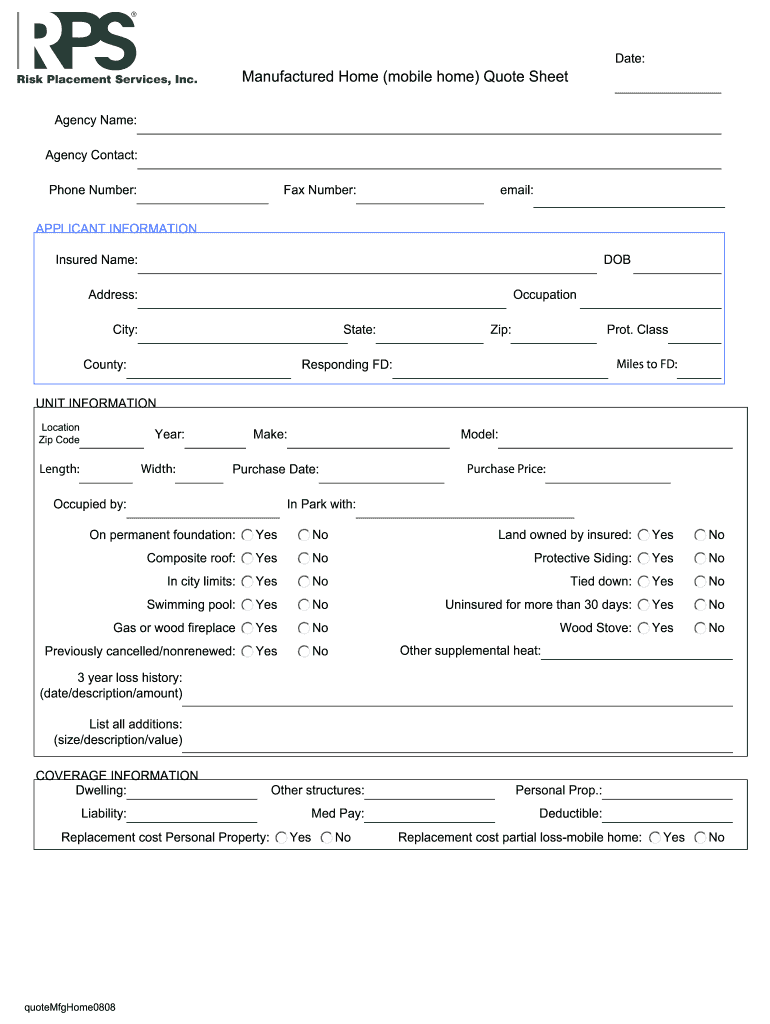 Fillable Online Manufactured Home (mobile home) Quote Sheet Fax Email ...