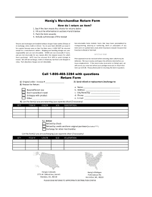 Fillable Online Honig's Merchandise Return Form Fax Email Print - pdfFiller