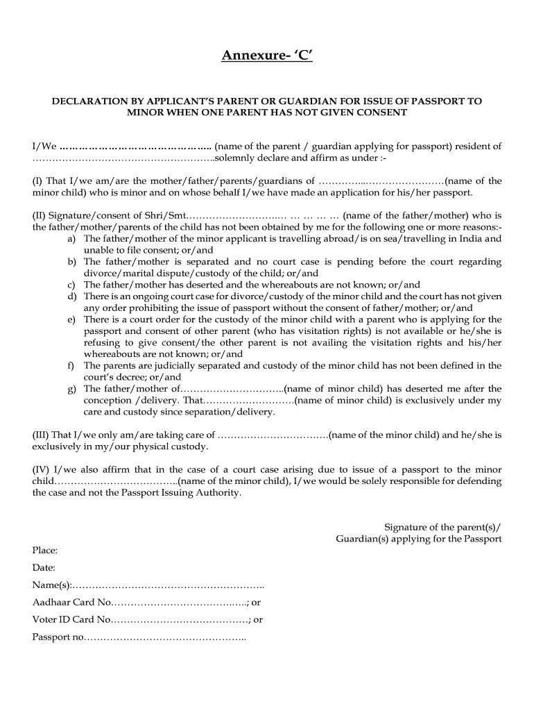 Fillable Online DECLARATION BY APPLICANTS PARENT OR GUARDIAN FOR ISSUE ...