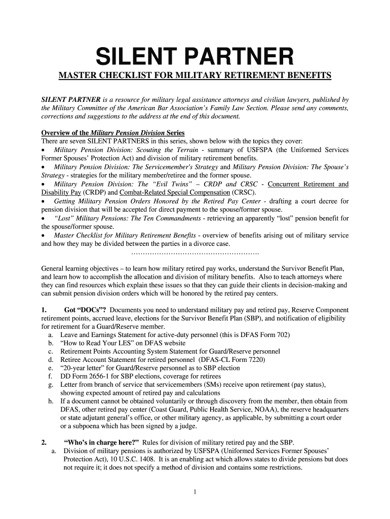 Fillable Online MASTER CHECKLIST FOR MILITARY RETIREMENT BENEFITS Fax ...