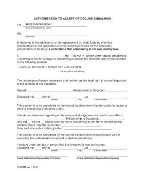 Fillable Online AUTHORIZATION TO ACCEPT OR DECLINE EMBALMING Fax Email ...