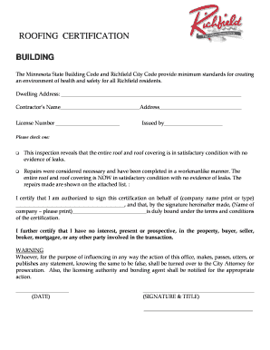 Fillable Online ROOFING CERTIFICATION Fax Email Print - pdfFiller