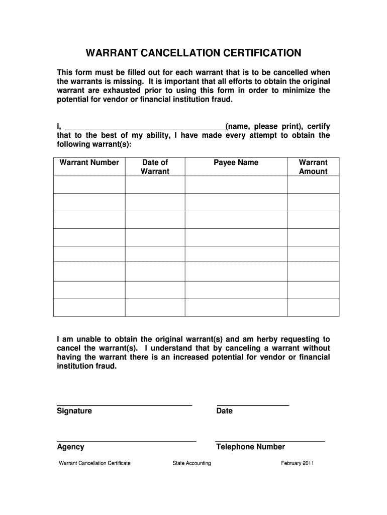 Fillable Online WARRANT CANCELLATION CERTIFICATION Fax Email Print ...