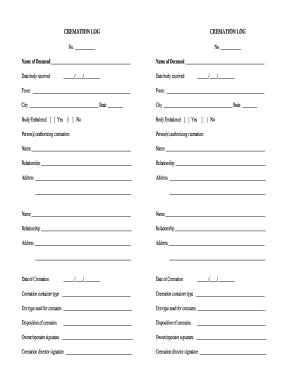 Fillable Online ibol idaho CREMATION LOG Fax Email Print - pdfFiller