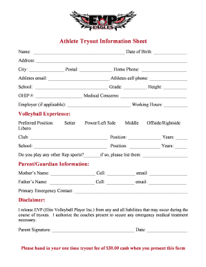 Fillable Online Athlete Tryout Information Sheet Fax Email Print ...