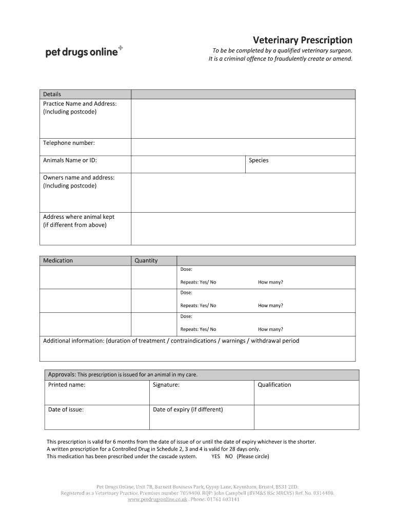 Fillable Online Veterinary Prescription Fax Email Print - pdfFiller