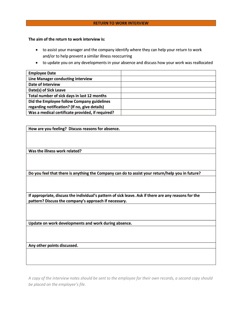 Fillable Online RETURN TO WORK INTERVIEW Fax Email Print - pdfFiller