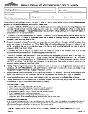 Fillable Online 2016/2017 SEASON PASS AGREEMENT AND RELEASE OF ...
