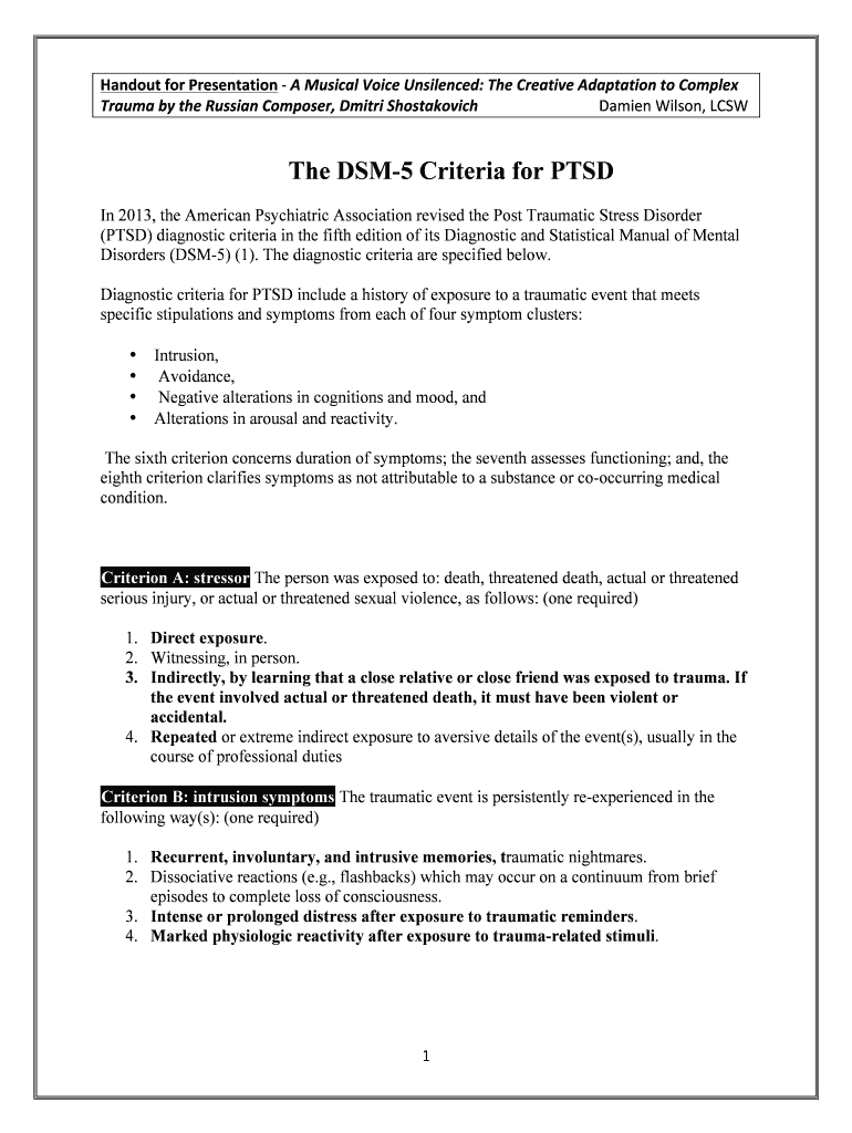 Fillable Online The DSM-5 Criteria for PTSD Fax Email Print - pdfFiller
