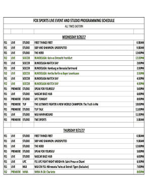 Fillable Online FOX SPORTS LIVE EVENT AND STUDIO PROGRAMMING SCHEDULE ...