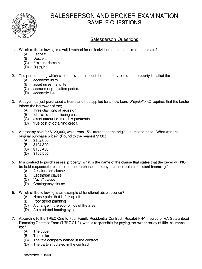 Fillable Online trec texas salesperson and broker examination sample ...