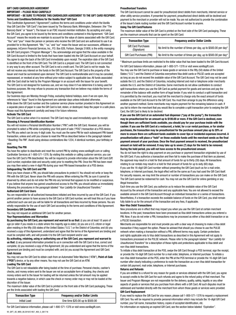 Fillable Online GIFT CARD CARDHOLDER AGREEMENT Fax Email Print - pdfFiller
