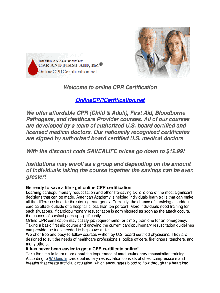 Fillable Online Welcome to online CPR Certification Fax Email Print ...