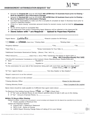 Fillable Online DISBURSEMENT AUTHORIZATION REQUEST DA Fax Email Print ...