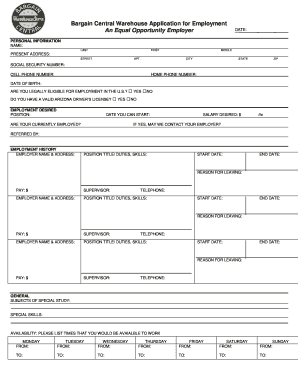 Fillable Online Bargain Central Warehouse Application for Employment ...