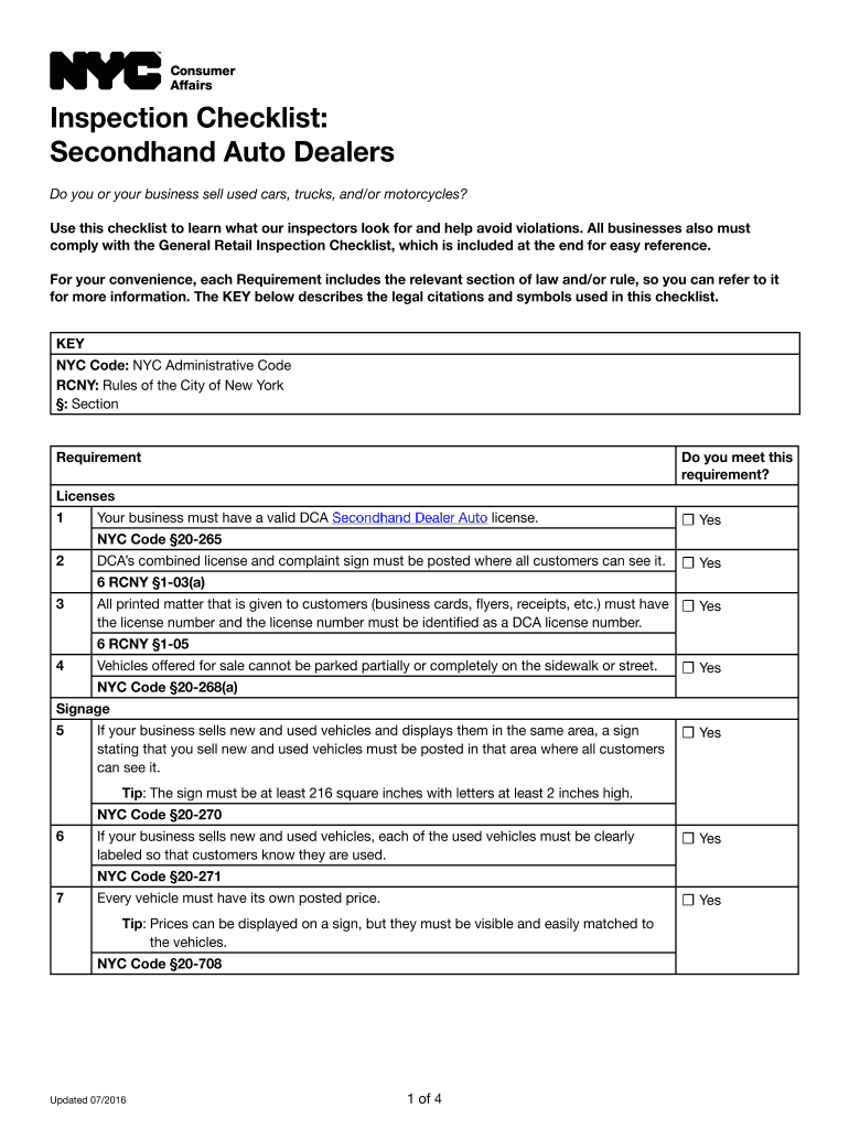Fillable Online Inspection Checklist: Secondhand Auto Dealers Fax Email ...