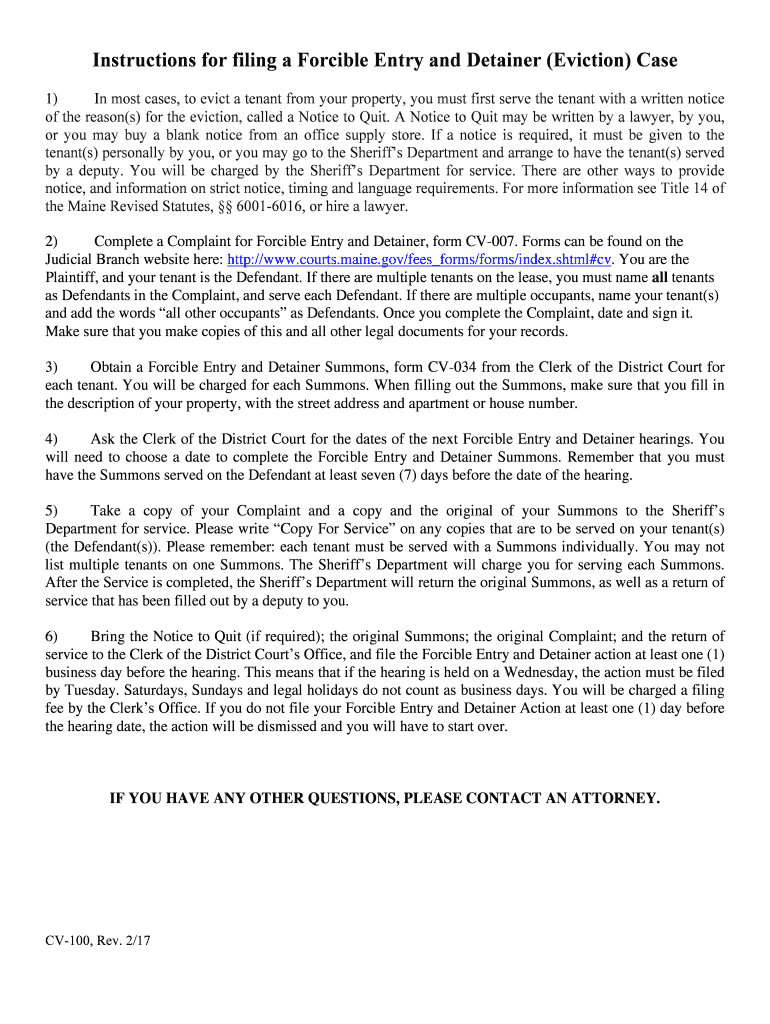 Fillable Online Instructions for filing a Forcible Entry and Detainer ...