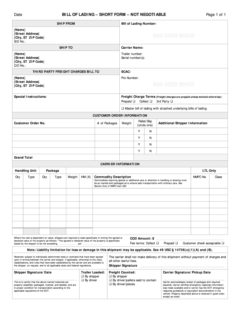 Straight Bill Of Lading Short Form Fillable Printable Forms Free Online