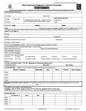 Fillable Online West Sunshine Community Centre Program Enrolment Form ...