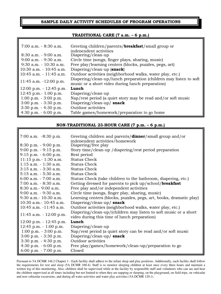 Fillable Online SAMPLE DAILY ACTIVITY SCHEDULES OF PROGRAM OPERATIONS ...