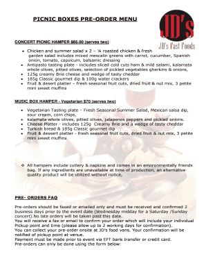 Fillable Online PICNIC BOXES PRE-ORDER MENU Fax Email Print - pdfFiller