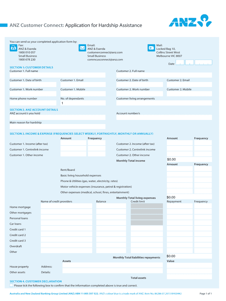 Fillable Online ANZ Customer Connect: Application for Hardship ...
